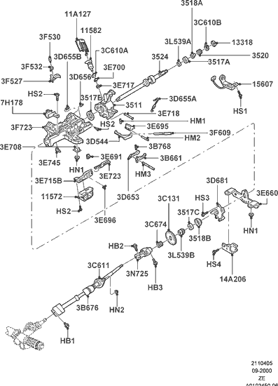 exploded view for the 2001 Ford Mustang tilt | Steering Column Services